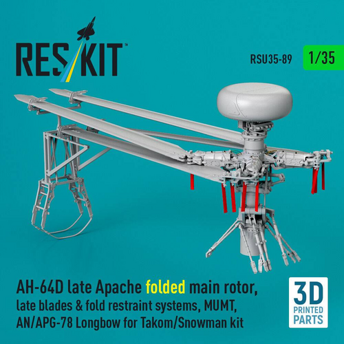 NEW! RES/KIT U35-0089 AH-64 D Late Apache - Folded Main Rotor, Late Blades & Fold Restraint Systems, MUMT, AN/APG-78 Longbow (for Takom and Snowman Kits / 3D-Printed)
