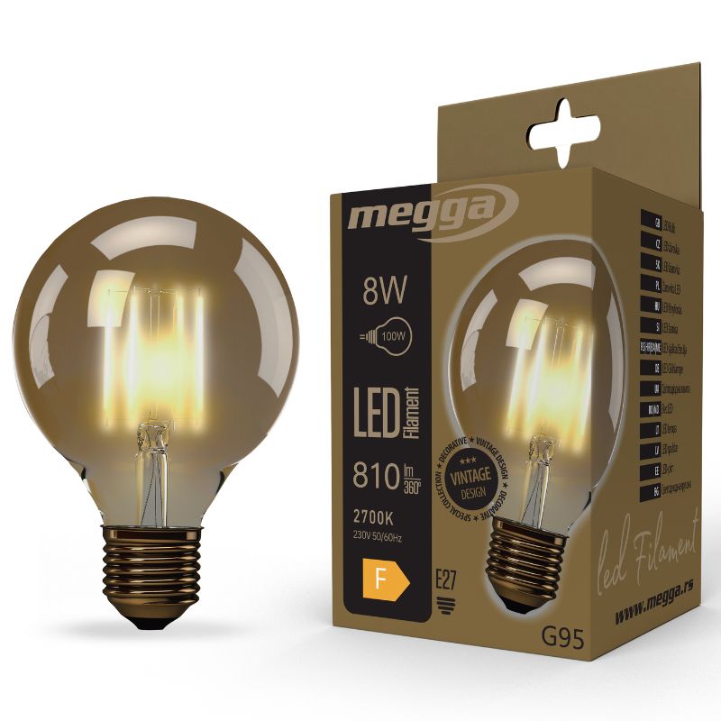 MEGGA, LED SIJALICA G95 8W FILAMENT NO DIMM 2700K E27 AMBER, 001168