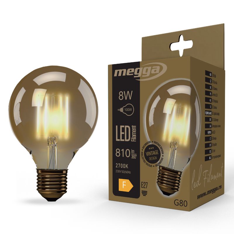 MEGGA, LED SIJALICA G80 8W FILAMENT NO DIMM AMBER 2700K E27 AMBER, 003388