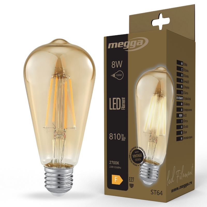 MEGGA, LED SIJALICA ST64 8W FILAMENT NO DIMM 2700K E27 AMBER, 004191