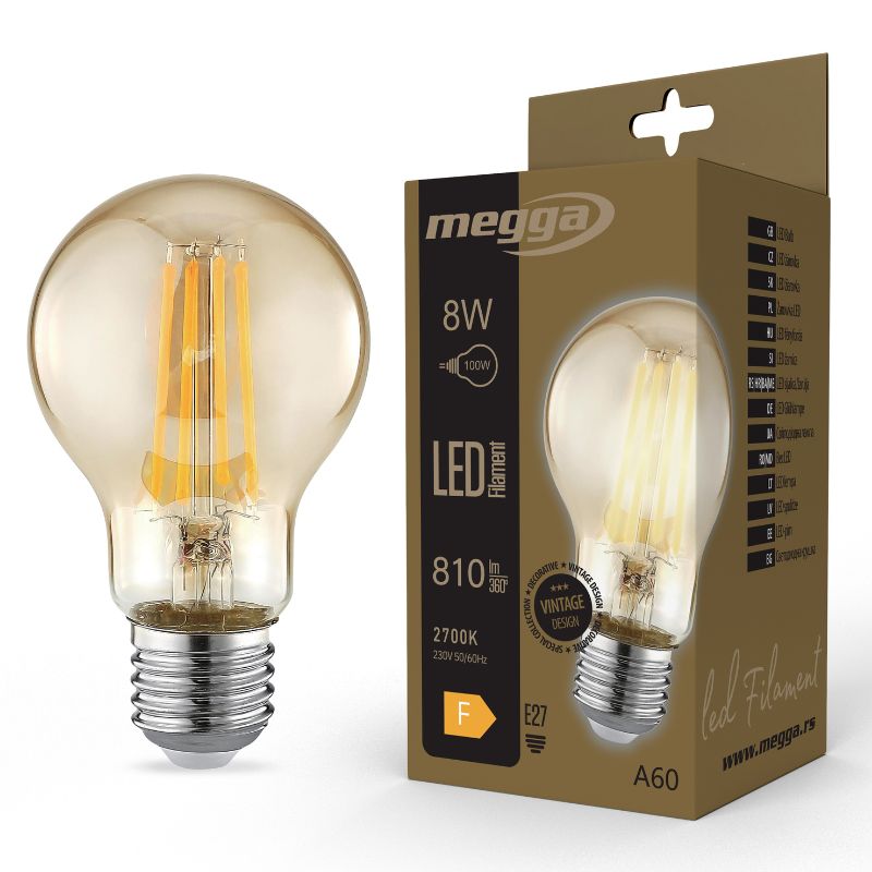 MEGGA, LED SIJALICA A60 8W FILAMENT NO DIMM 2700K E27 AMBER, 003496