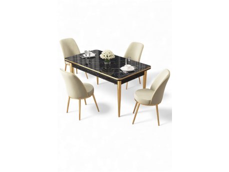 HANAH HOME Set trpezarijskog stola i stolica (5 delova) Rewa Black Marble Gold Cream