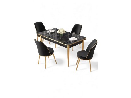 HANAH HOME Set trpezarijskog stola i stolica (5 delova) Rewa Black Marble Gold Black