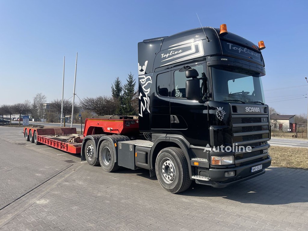 Scania R124 tegljač + poluprikolica sa niskom platformom