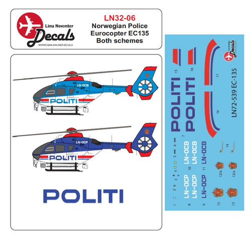 Lima November Decals 32-006 Eurocopter EC135 - Norwegian Police - both schemes