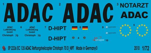 Peddinghaus-Decals 2236 EC 135 ADAC Rescue Helicopter Christoph 70 D-HIPT