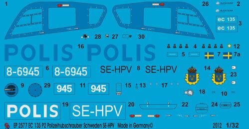 Peddinghaus-Decals 2577 EC 135 P2 Police Helicopter Sweden SE-HPV