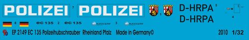 Peddinghaus-Decals 2149 EC 135 Police Helicopter Rhineland-Palatinate D-HRPA