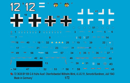 Peddinghaus-Decals 3638 Bf 109 G-6 Early Ausf. Oberfeldwebel Wilhelm Mink, 4./JG 51, Senorbi/Sardinen, July 1943