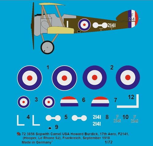 Peddinghaus-Decals 3856 Sopwith Camel USA, Howard Burdick, 17th Aero, F2141 (Hooper, Le Rhone 9J), France, September 1918