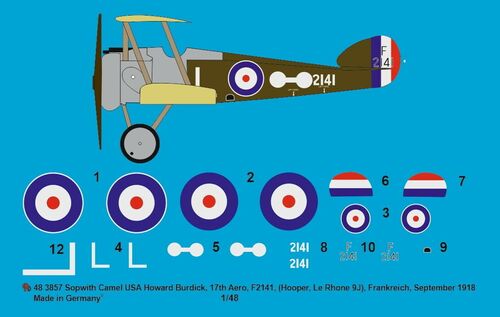 Peddinghaus-Decals 3857 Sopwith Camel USA, Howard Burdick, 17th Aero, F2141 (Hooper, Le Rhone 9J), France, September 1918