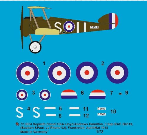 Peddinghaus-Decals 3854 Sopwith Camel USA, Lloyd Andrews Hamilton 3 Sqn RAF, D6519 (Boulton And Paul, Le Rhone 9J), France, April/May 1918
