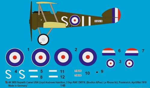 Peddinghaus-Decals 3855 Sopwith Camel USA, Lloyd Andrews Hamilton 3 Sqn RAF, D6519 (Boulton And Paul, Le Rhone 9J), France, April/May 1918