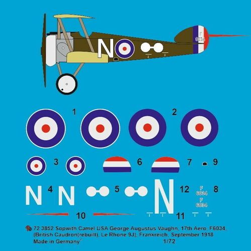 Peddinghaus-Decals 3852 Sopwith Camel USA George Augustus Vaughn, 17th Aero, F6034 (British Caudron (rebuilt), Le Rhone 9J), France, September 1918