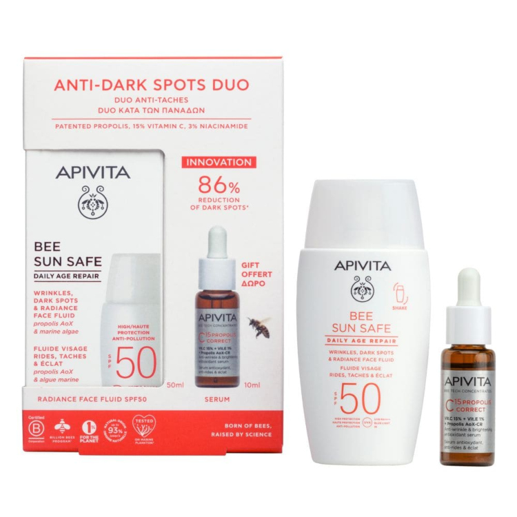 Apivita set - Bee Sun Safe Daily Age Repair SPF50 fluid za lice + C15 Propolis Correct serum 10ml