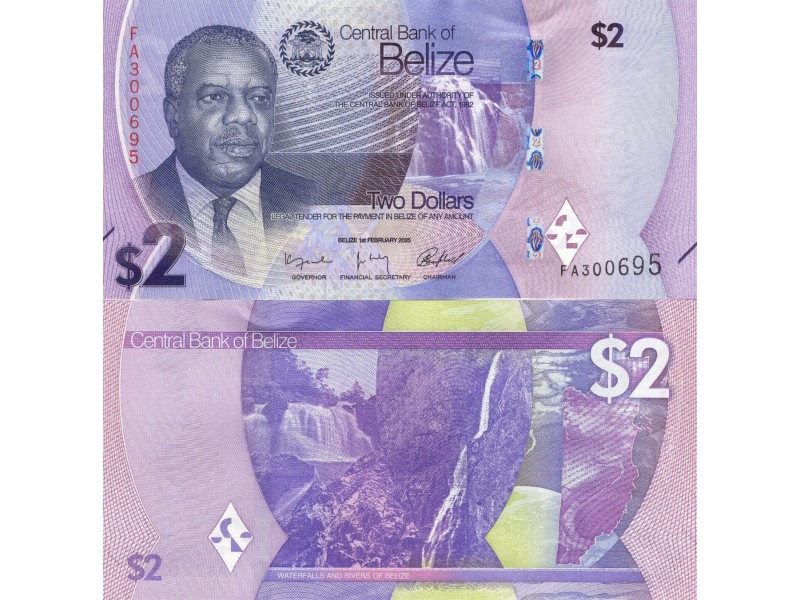 BELIZE 2 Dollars 2025 UNC, novi dizajn
