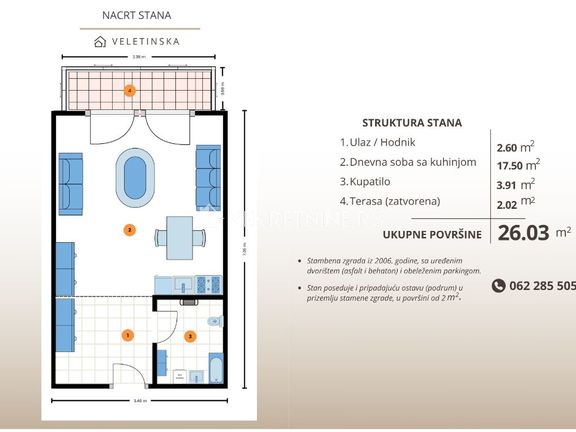KOTEŽ – 26m² – I sprat – Kompletno namešten + podrum