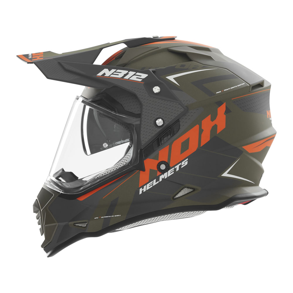Kaciga NOX Enduro sa vizirom N312 VAPOR KHAKI mat zeleno narandžasta