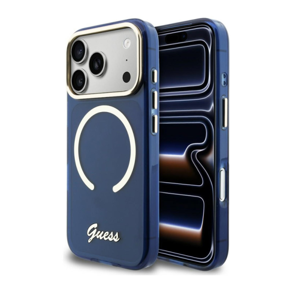 Maska za iPhone 17 Pro Max Guess IML Script Metal MagSafe plava
