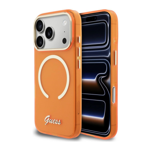 Maska za iPhone 17 Pro narandžasta Guess IML Script Metal MagSafe