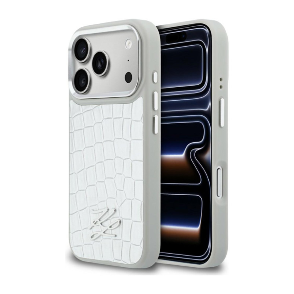 Maska za iPhone 17 Pro Karl Lagerfeld Croco KL Script Logo MagSafe srebrna