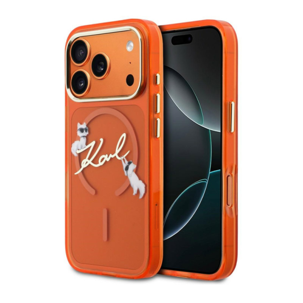 Maska za iPhone 17 Pro narandžasta Karl Lagerfeld IML Choupettes Karl Script Logo MagSafe