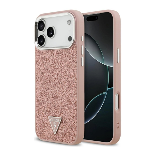 Maska za iPhone 17 Pro Max Guess Glitter Triangle Logo MagSafe pink