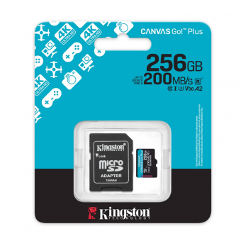 Micro SD kartica Kingston 256GB, Canvas Go! Plus, Class10 UHS-I U3 V30 A2, Read up to 200MB/160MB s, for 4K and FullHD video recording adapter
