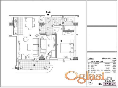 Trosoban stan na prodaju , Bulevar Patrijarha Pavla, 57m² – Novi Sad