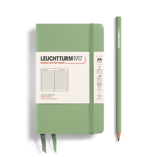 Notebook Pocket (A6), Hardcover, 187 numbered pages, Sage, ruled