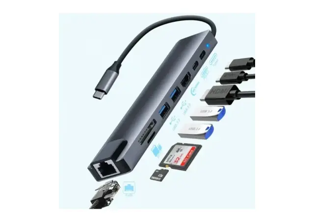 Zeus Adapter-konverter USB Tip C, 11/1, 1xUSB3.0, 3xUSB2.0, HDMI, TF, SD, Audio, RJ45, VGA, Tip C PD, Sivi