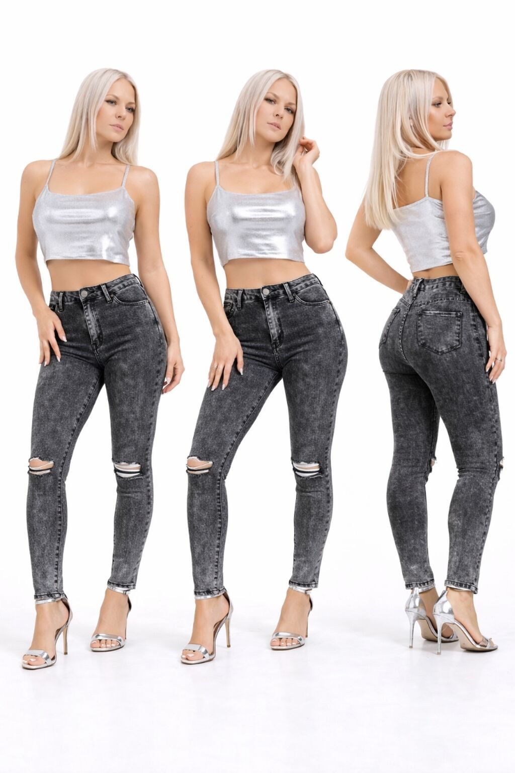 Ženske skinny farmerke – crni isprani “acid wash” dezen - Visoki