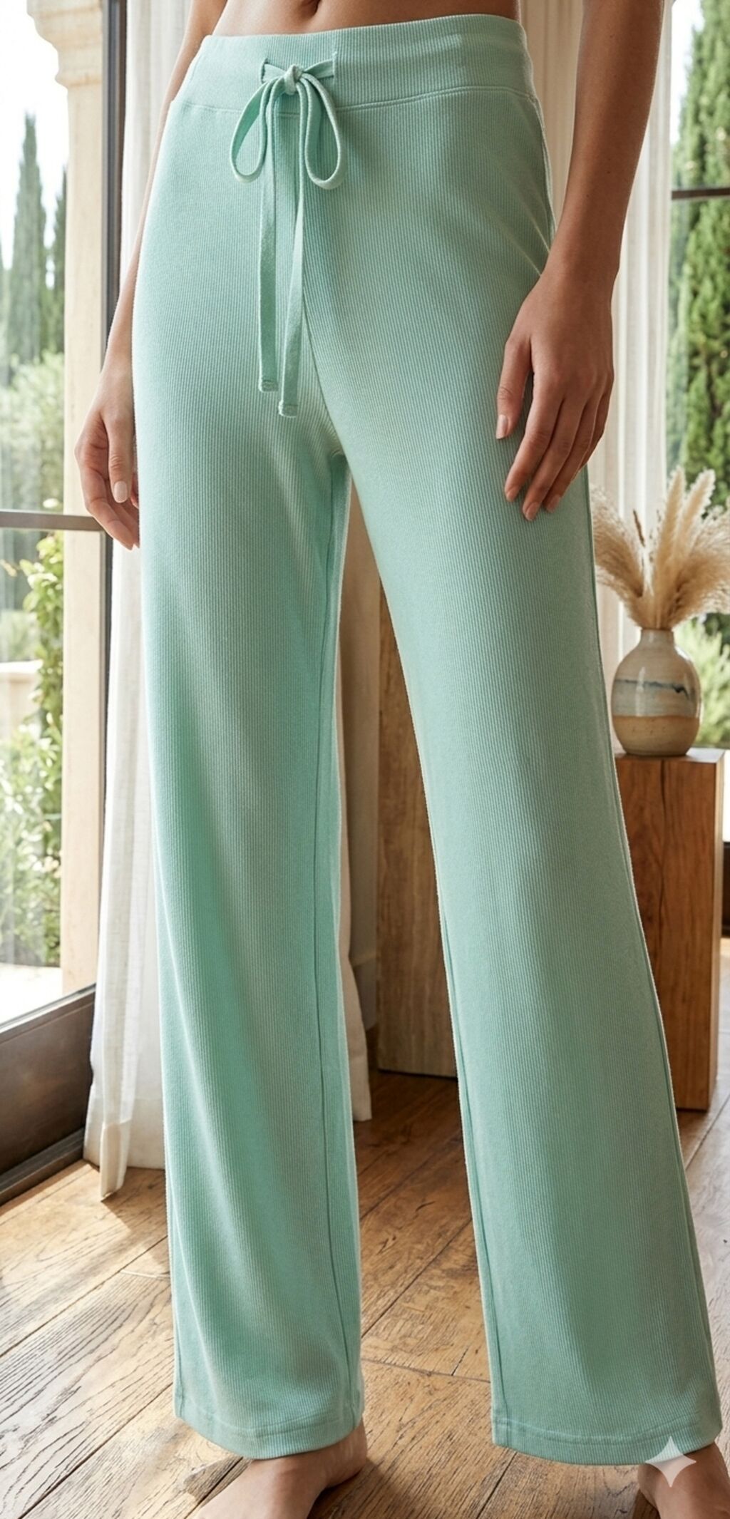 Ženske rebraste široke pantalone – mint zelene - Materijal: meka