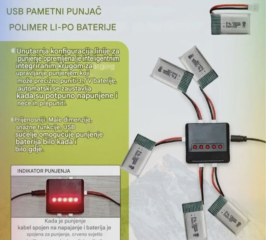 USB pametni punjač + set Li‑Po baterija 3.7 V Opis: - Višekanalni USB