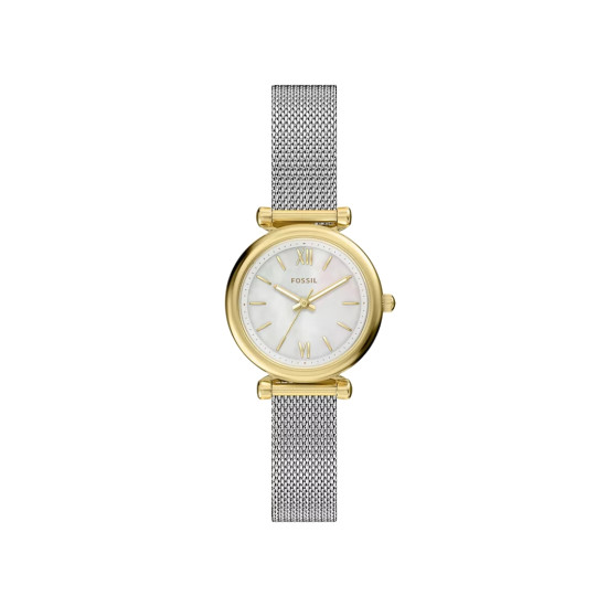 Fossil ES5463 ženski sat Carlie Mini Two Tone Silver Gold Mesh Band Mother of Pearl Dial 28mm