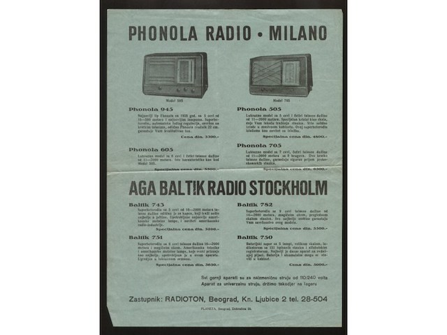 1938 PHONOLA i AGA BALTIK radio - reklamni letak