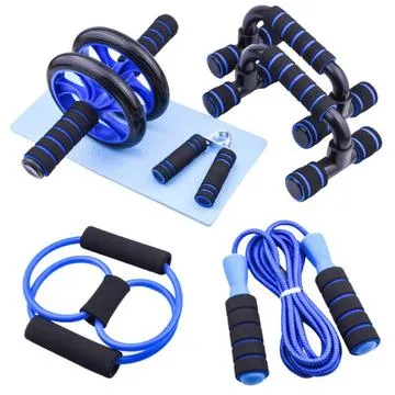 7-PIECE HOME FITNESS TRAINING SET - AB ROLLER, PUSH-UP BARS, SKIPPING ROPE, HAND GRIPPER AND CHEST EXPANDER