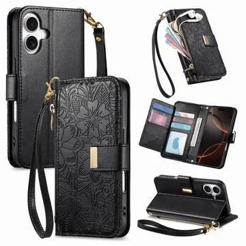 IPHONE 17 FLORAL & LEAF PATTERN WALLET CASE WITH ZIPPER POCKET & WRIST STRAP - BLACK