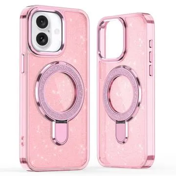 IPHONE 16 GLITTER HYBRID CASE WITH KICKSTAND - MAGSAFE COMPATIBLE - PINK