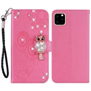 IPHONE 14 OWL RHINESTONE WALLET CASE - HOT PINK