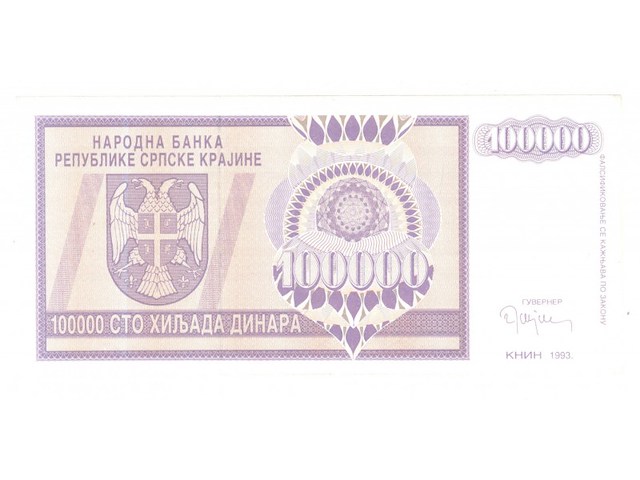RS Krajina Knin 100.000 Dinara 1993 aUNC