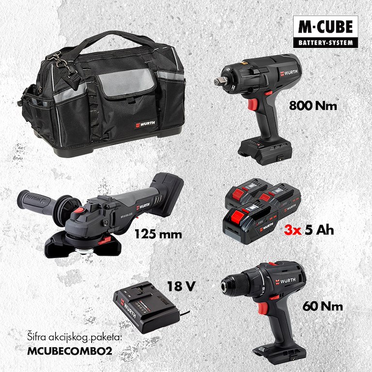 Bušilica + Udarni odvijač 800Nm 1/2"+ Brusilica + 3x5Ah