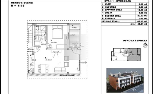 Dvosoban stan na Adicama 44m2 2150e/m2