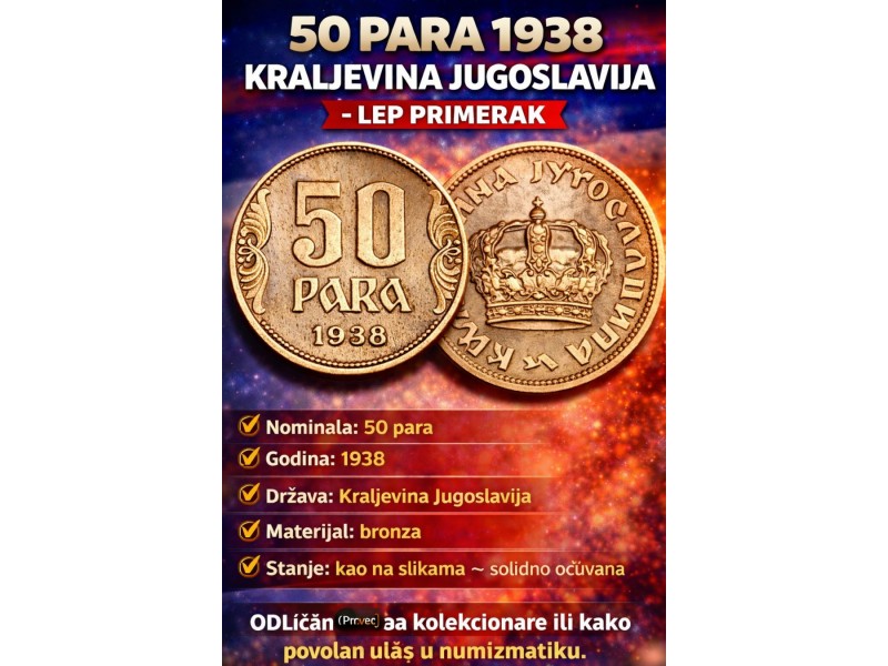 50 para 1938 – Kraljevina Jugoslavija – lep primerak