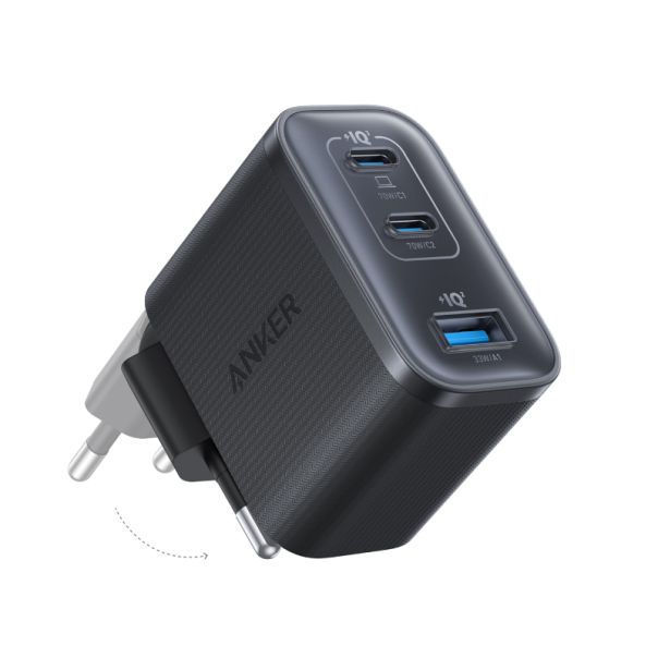 ANKER Punjač Nano 70W GaN, 3-porta (2x USB-C i 1x USB-A), crna