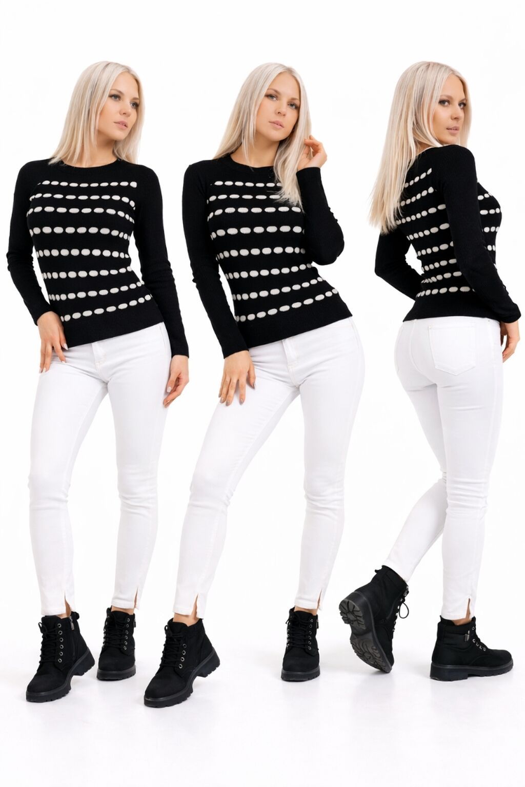 Ženski džemper sa dugim rukavima – crno-beli, sa modernim