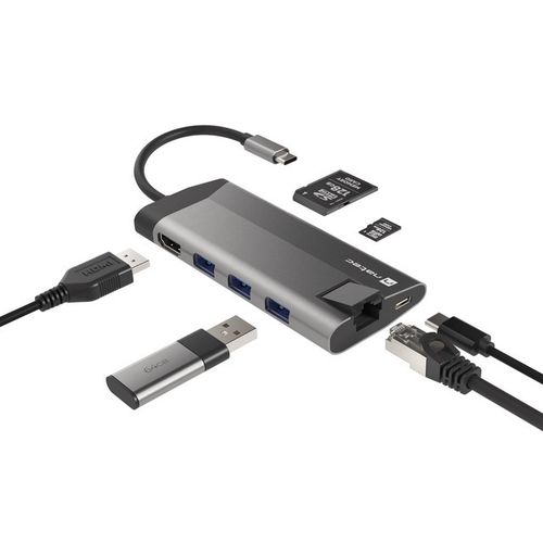 Natec NMP-1690 FOWLER PLUS, USB Type-C 6-in-1 Multi-port Adapter (USB3.0 Hub + HDMI + PD + SD/MicroSD card reader + Gigabit LAN), Max. Output 100W, Grey