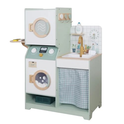 Kinder Home Dečija drvena mašina za pranje veša 3 u 1 sa sudoperom sa tekućom vodom i mašinom za sušenje veša