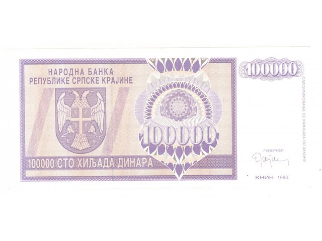 RS Krajina Knin 100.000 Dinara 1993 aUNC