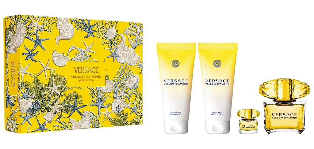 Versace Poklon set za žene Yellow Diamond, Toaletna voda, 100ml + Losion za telo, 100ml + Gel za tuširanje, 100ml + Mini EDT, 5ml